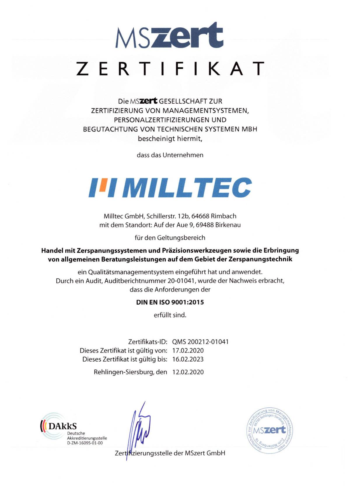 Zertifikat : Unternehmen : Milltec GmbH : Zerspanungssysteme Präzisionswerkzeuge